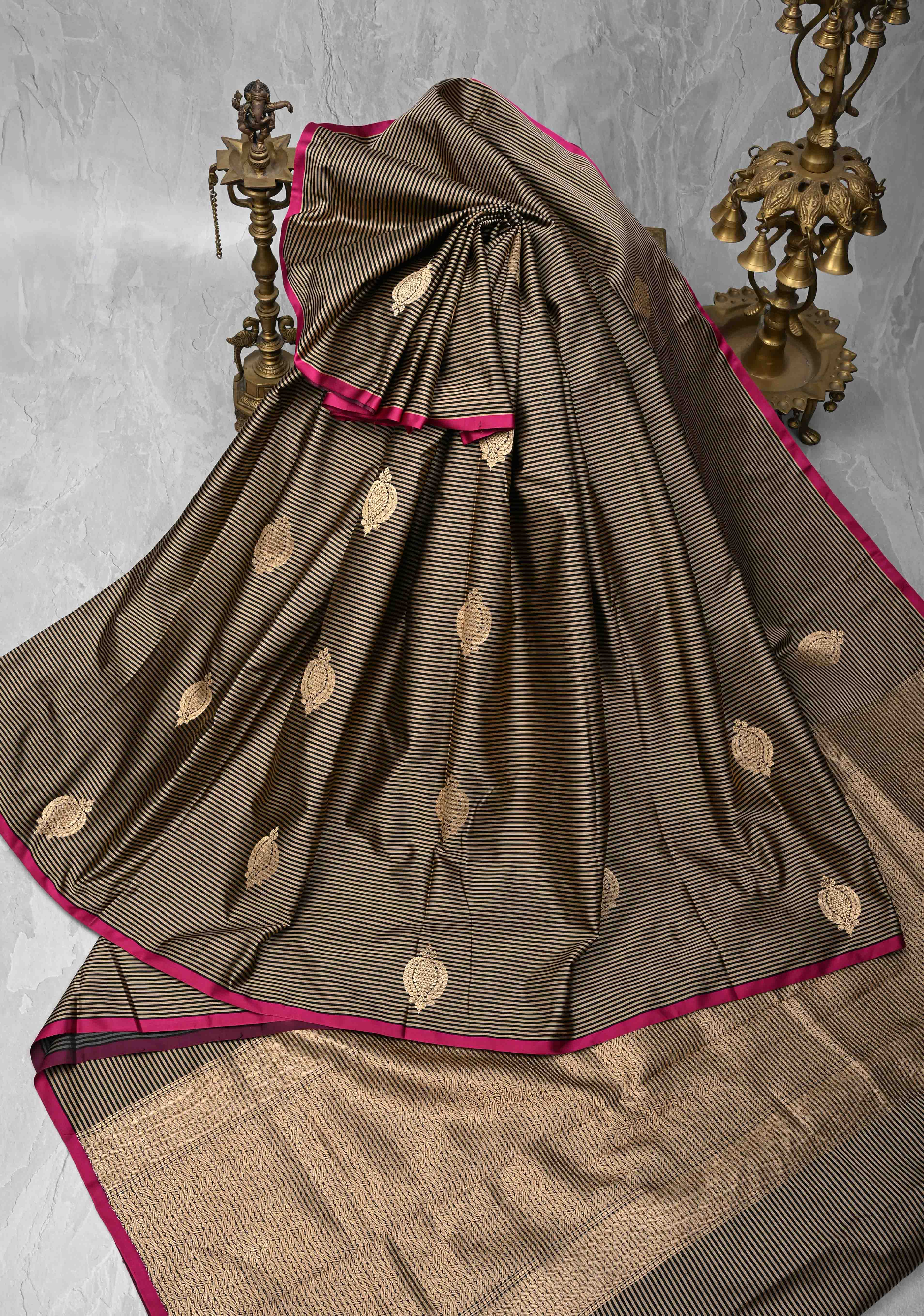 Light Brown-Black Horizontal Panel on Mashru Silk Saree with Zari Moti ...