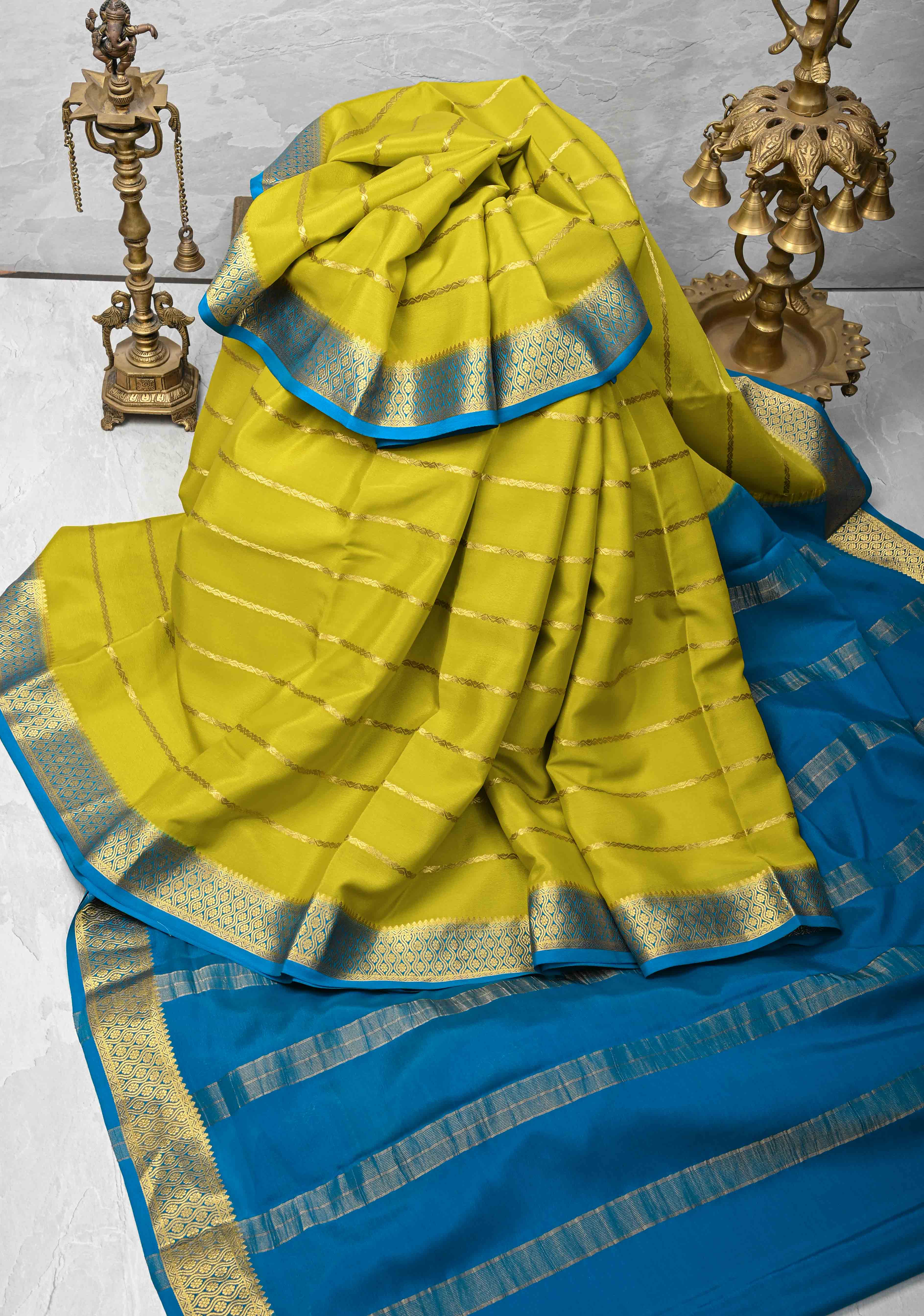 Moss Green Mysore Silk Saree with Horizontal Zari Stripes and Zari ...