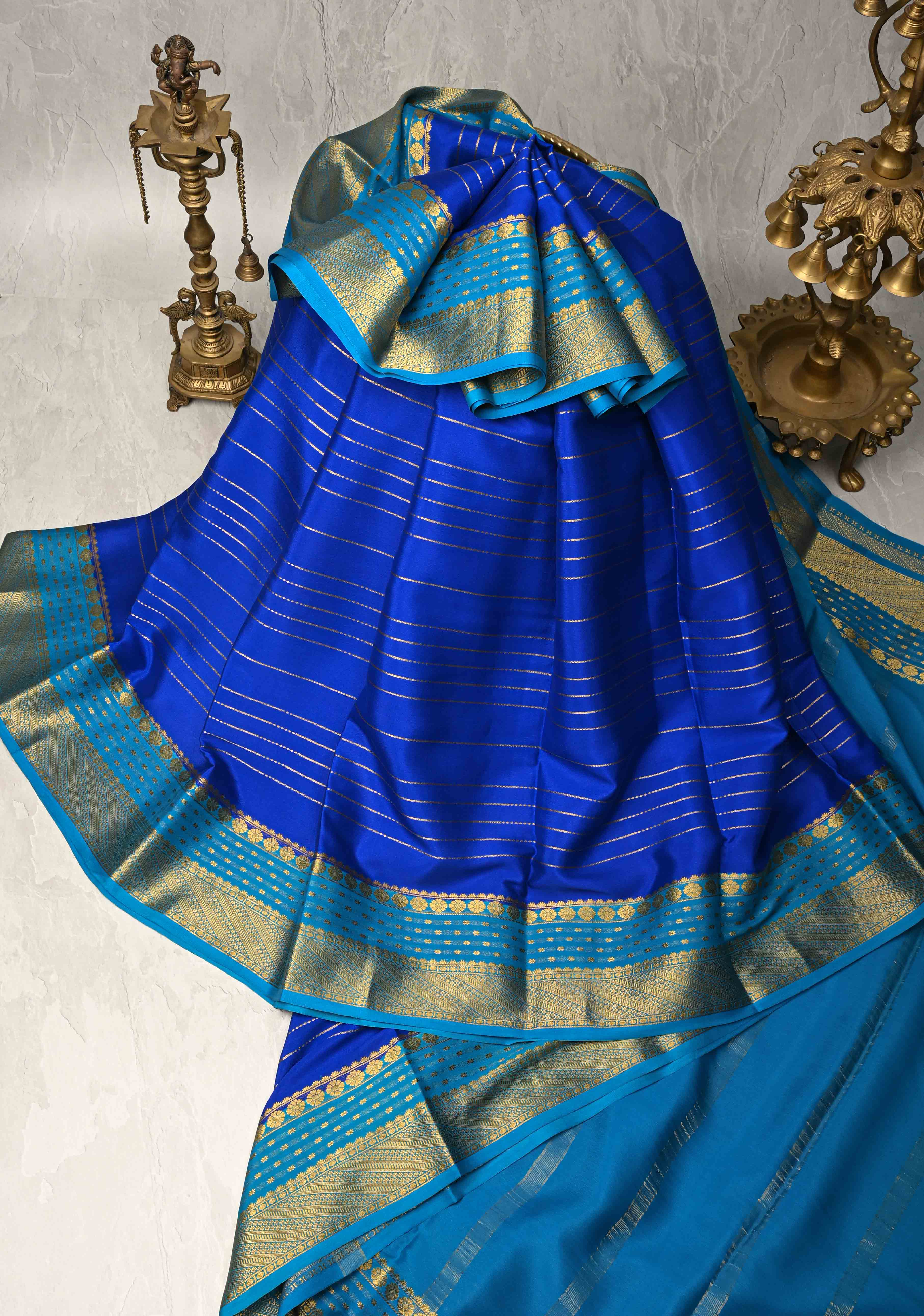 Sap Green Mysore Silk Saree with Horizontal Zari Stripes and Zari ...